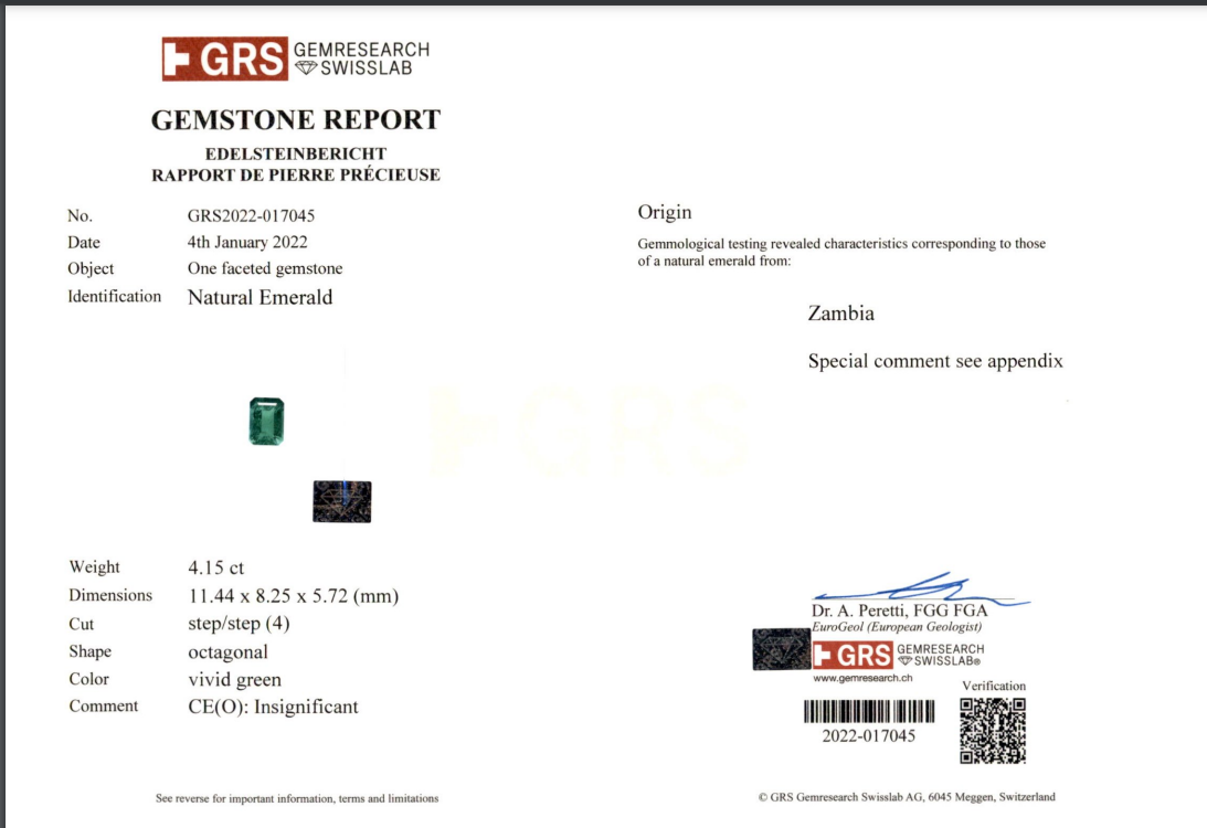 4.15 Carat Natural VIvid Green Emerald - GRS Certificate – Lilo Diamonds